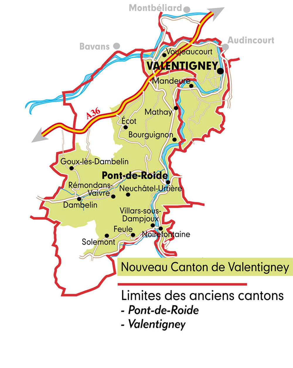 Canton de Valentigney, Le Doubs, La route des communes